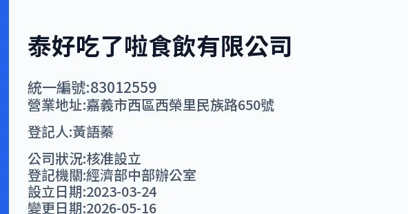 泰好吃了啦食飲有限公司的照片-統編 83012559(嘉義市) 公司登記資料與營業項目詳細圖表