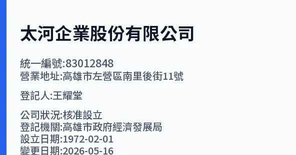 太河企業股份有限公司的照片-統編 83012848(高雄市) 公司登記資料與營業項目詳細圖表
