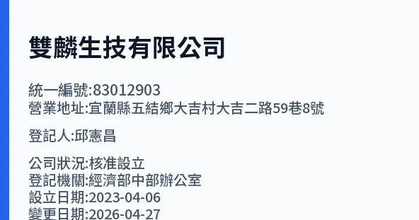 雙麟生技有限公司的照片-統編 83012903(宜蘭縣) 公司登記資料與營業項目詳細圖表