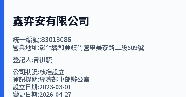 鑫弈安有限公司的照片-統編 83013086(彰化縣) 公司登記資料與營業項目詳細圖表