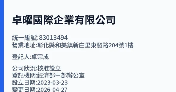 卓曜國際企業有限公司的照片-統編 83013494(彰化縣) 公司登記資料與營業項目詳細圖表