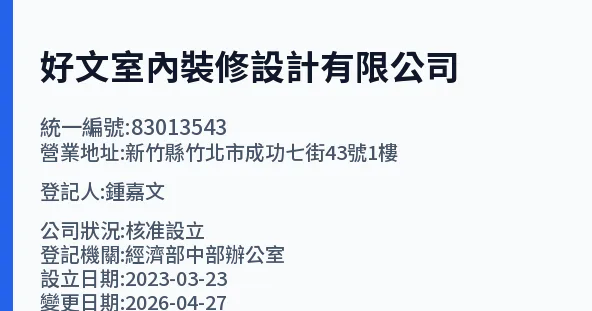 好文室內裝修設計有限公司的照片-統編 83013543(新竹縣) 公司登記資料與營業項目詳細圖表