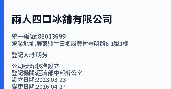 兩人四口冰舖有限公司的照片-統編 83013699(屏東縣) 公司登記資料與營業項目詳細圖表