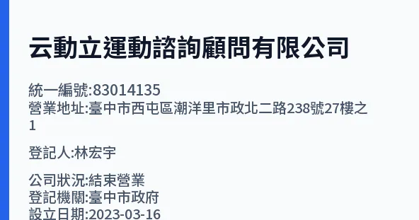 云動立運動諮詢顧問有限公司的照片-統編 83014135(臺中市) 公司登記資料與營業項目詳細圖表