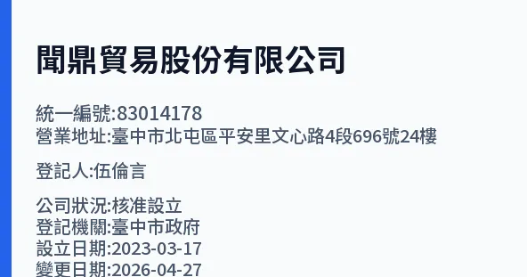 聞鼎貿易股份有限公司的照片-統編 83014178(臺中市) 公司登記資料與營業項目詳細圖表