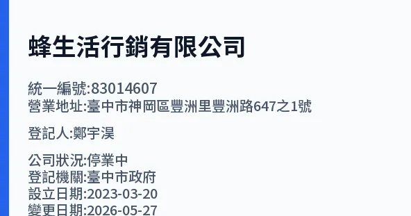 蜂生活行銷有限公司的照片-統編 83014607(臺中市) 公司登記資料與營業項目詳細圖表