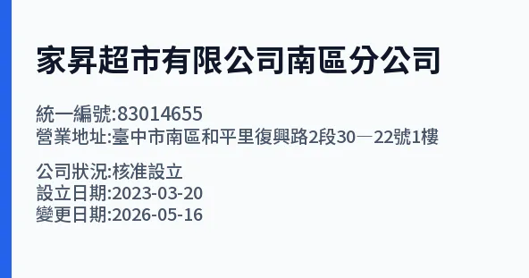 家昇超市有限公司南區分公司的照片-統編 83014655(臺中市) 公司登記資料與營業項目詳細圖表