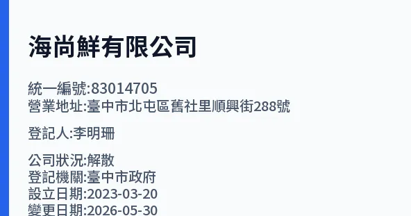 海尚鮮有限公司的照片-統編 83014705(臺中市) 公司登記資料與營業項目詳細圖表
