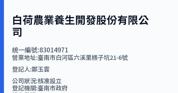 白荷農業養生開發股份有限公司的照片-統編 83014971(臺南市) 公司登記資料與營業項目詳細圖表
