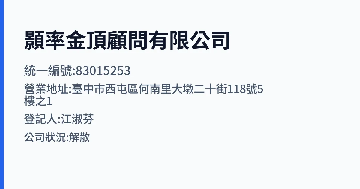 顥率金頂顧問有限公司 - 統編 83015253(臺中市) 公司登記資料與營業項目詳細圖表