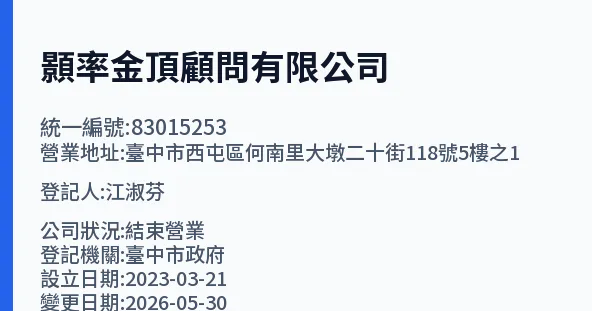 顥率金頂顧問有限公司的照片-統編 83015253(臺中市) 公司登記資料與營業項目詳細圖表