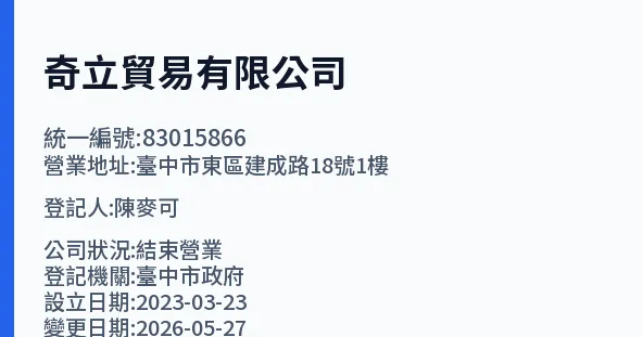 奇立貿易有限公司的照片-統編 83015866(臺中市) 公司登記資料與營業項目詳細圖表