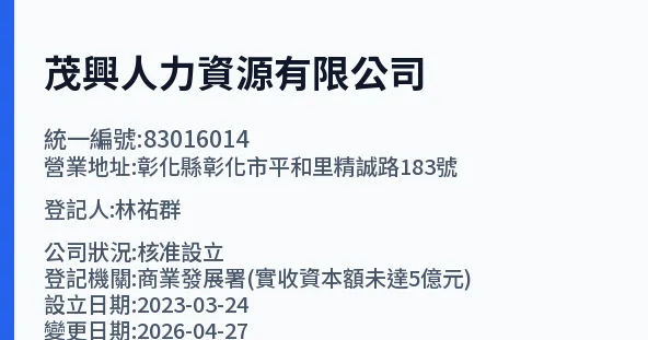 茂興人力資源有限公司的照片-統編 83016014(彰化縣) 公司登記資料與營業項目詳細圖表