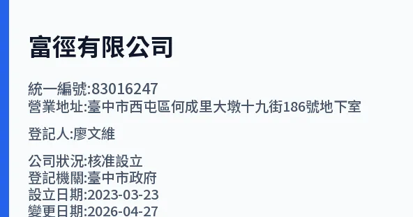 富徑有限公司的照片-統編 83016247(臺中市) 公司登記資料與營業項目詳細圖表