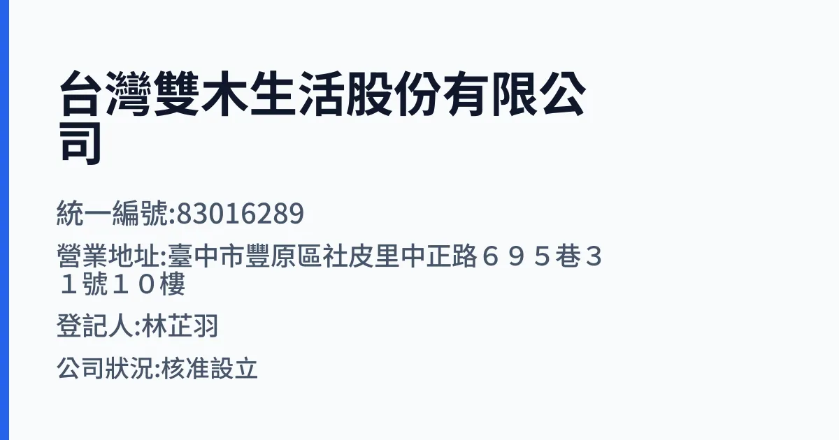 台灣雙木生活股份有限公司 - 統編 83016289(臺中市) 公司登記資料與營業項目詳細圖表