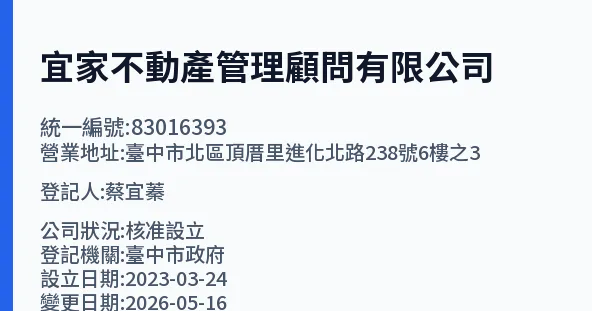 宜家不動產管理顧問有限公司的照片-統編 83016393(臺中市) 公司登記資料與營業項目詳細圖表