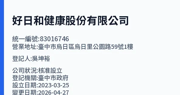 好日和健康股份有限公司的照片-統編 83016746(臺中市) 公司登記資料與營業項目詳細圖表