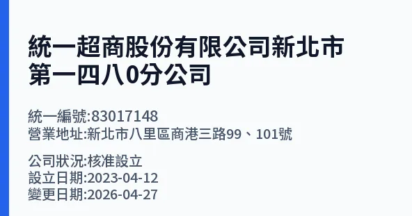 統一超商股份有限公司新北市第一四八0分公司的照片-統編 83017148(新北市) 公司登記資料與營業項目詳細圖表