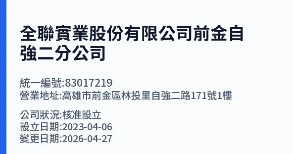 全聯實業股份有限公司前金自強二分公司的照片-統編 83017219(高雄市) 公司登記資料與營業項目詳細圖表