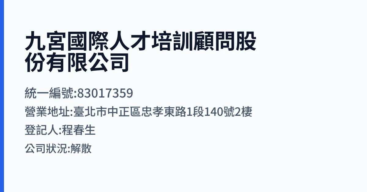 九宮國際人才培訓顧問股份有限公司 - 統編 83017359(臺北市) 公司登記資料與營業項目詳細圖表