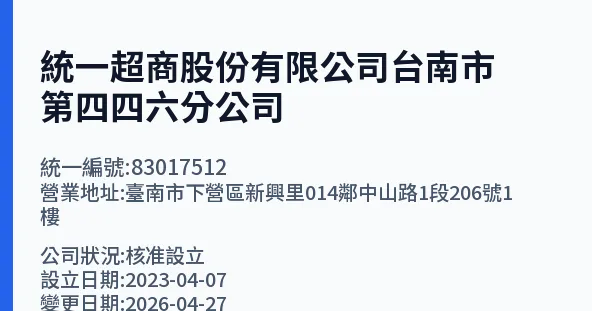 統一超商股份有限公司台南市第四四六分公司的照片-統編 83017512(臺南市) 公司登記資料與營業項目詳細圖表
