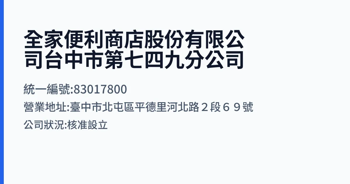 全家便利商店股份有限公司台中市第七四九分公司 - 統編 83017800(臺中市) 公司登記資料與營業項目詳細圖表