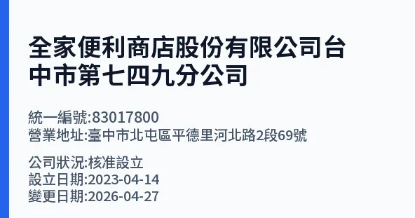 全家便利商店股份有限公司台中市第七四九分公司的照片-統編 83017800(臺中市) 公司登記資料與營業項目詳細圖表