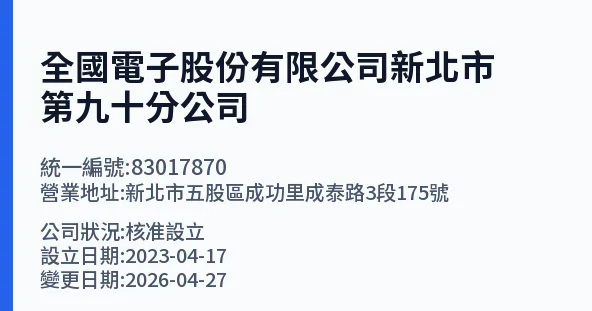 全國電子股份有限公司新北市第九十分公司的照片-統編 83017870(新北市) 公司登記資料與營業項目詳細圖表