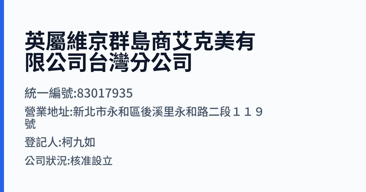 英屬維京群島商艾克美有限公司台灣分公司 - 統編 83017935(新北市) 公司登記資料與營業項目詳細圖表