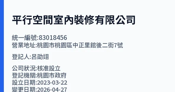 平行空間室內裝修有限公司的照片-統編 83018456(桃園市) 公司登記資料與營業項目詳細圖表