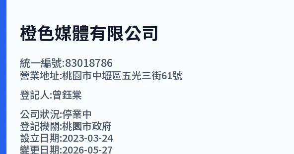 橙色媒體有限公司的照片-統編 83018786(桃園市) 公司登記資料與營業項目詳細圖表