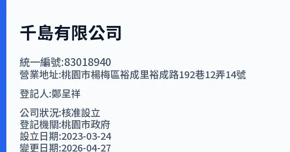 千島有限公司的照片-統編 83018940(桃園市) 公司登記資料與營業項目詳細圖表