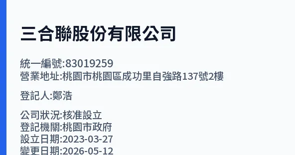 三合聯股份有限公司的照片-統編 83019259(桃園市) 公司登記資料與營業項目詳細圖表