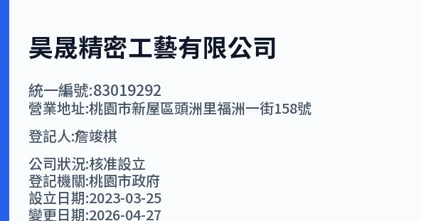 昊晟精密工藝有限公司的照片-統編 83019292(桃園市) 公司登記資料與營業項目詳細圖表