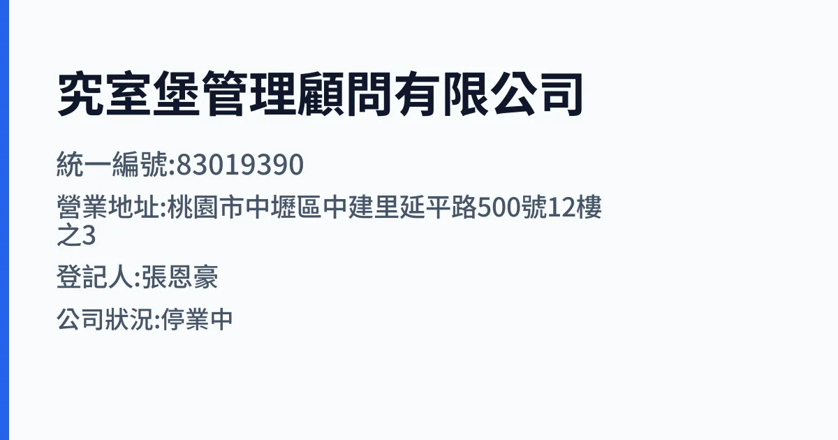 究室堡管理顧問有限公司 - 統編 83019390(桃園市) 公司登記資料與營業項目詳細圖表