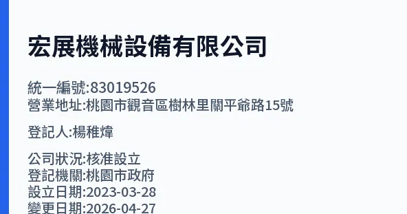 宏展機械設備有限公司的照片-統編 83019526(桃園市) 公司登記資料與營業項目詳細圖表