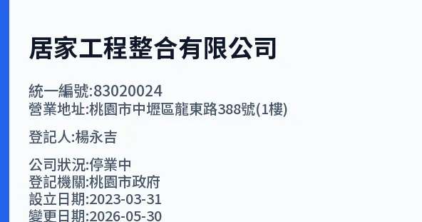居家工程整合有限公司的照片-統編 83020024(桃園市) 公司登記資料與營業項目詳細圖表