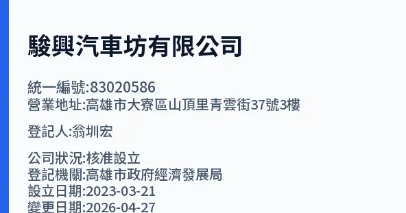 駿興汽車坊有限公司的照片-統編 83020586(高雄市) 公司登記資料與營業項目詳細圖表