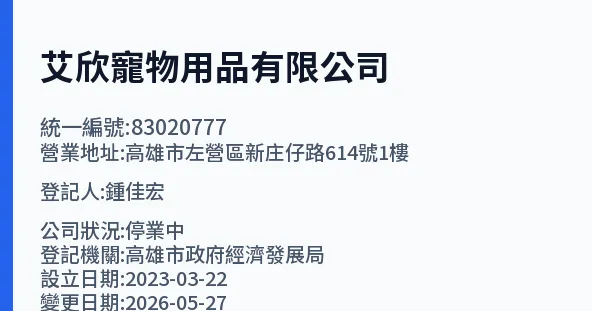 艾欣寵物用品有限公司的照片-統編 83020777(高雄市) 公司登記資料與營業項目詳細圖表