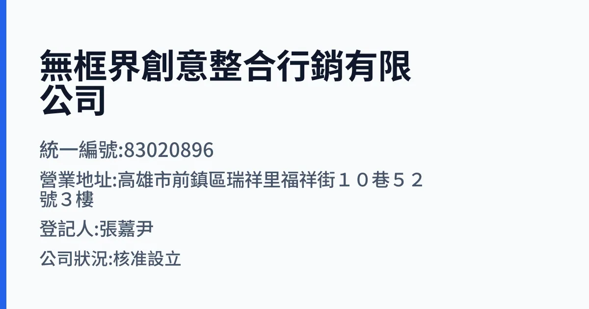 無框界創意整合行銷有限公司 - 統編 83020896（高雄市） 公司登記資料與營業項目詳細圖表