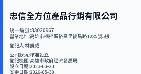 忠信全方位產品行銷有限公司的照片-統編 83020967(高雄市) 公司登記資料與營業項目詳細圖表