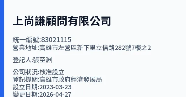 上尚謙顧問有限公司的照片-統編 83021115(高雄市) 公司登記資料與營業項目詳細圖表