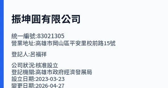振坤圓有限公司的照片-統編 83021305(高雄市) 公司登記資料與營業項目詳細圖表