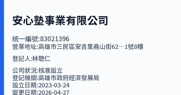 安心塾事業有限公司的照片-統編 83021396(高雄市) 公司登記資料與營業項目詳細圖表