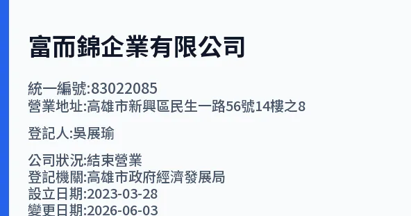 富而錦企業有限公司的照片-統編 83022085(高雄市) 公司登記資料與營業項目詳細圖表