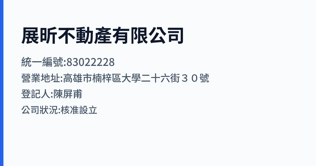 展昕不動產有限公司 - 統編 83022228（高雄市） 公司登記資料與營業項目詳細圖表