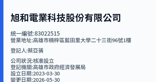 旭和電業科技股份有限公司的照片-統編 83022515(高雄市) 公司登記資料與營業項目詳細圖表