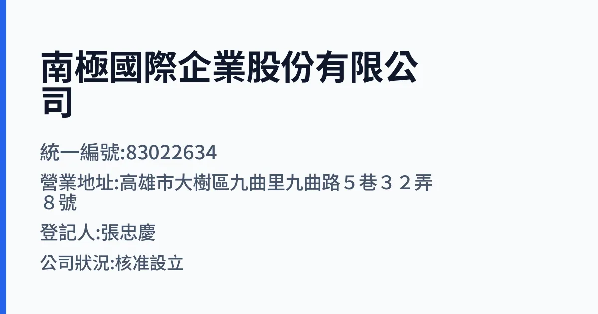 南極國際企業股份有限公司 - 統編 83022634(高雄市) 公司登記資料與營業項目詳細圖表