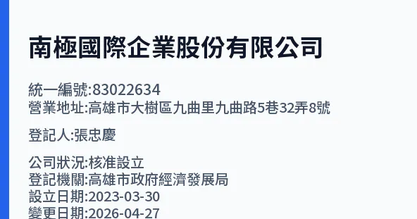南極國際企業股份有限公司的照片-統編 83022634(高雄市) 公司登記資料與營業項目詳細圖表