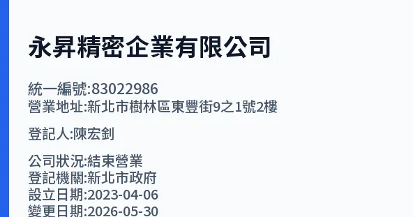永昇精密企業有限公司的照片-統編 83022986(新北市) 公司登記資料與營業項目詳細圖表